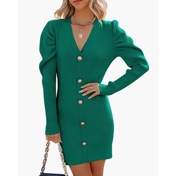 Dresses | Emerald Green Ribbed Knit Button Vneck Long Sleeve Bodycon ...